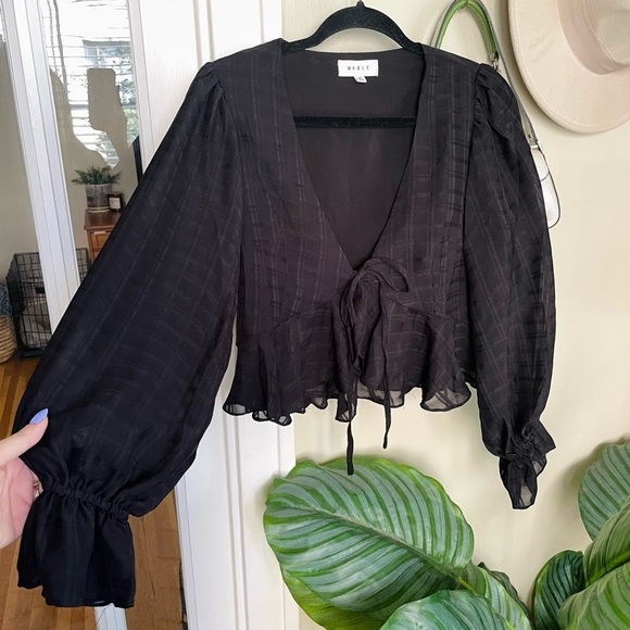Mable | Tops | Mable Black Tie Front Long Sleeve Ruffle Crop Top | Poshmark